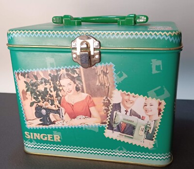 Vintage Singer Sewing Machine Advertising Merchandise Storage Box Tin ...