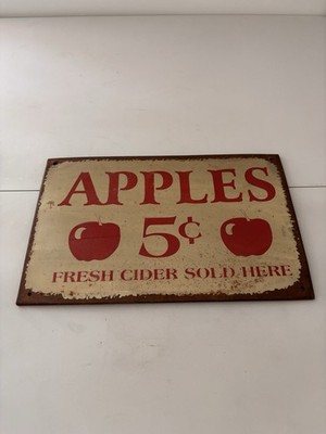 Vintage Apples 5¢ Fresh Cider Sold Here Tin Metal Sign, Vibrant Red ...