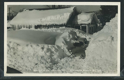 CA Chester RPPC 1950's WINTER SNOW SCENE with Buried Car CABIN by ...