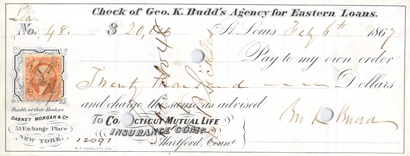 $ 20,000 J P MORGAN DABNEY CHECK DRAFT RECEIPT INVOICE 1867 REVENUE ...