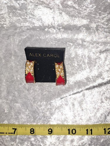Alex Carol red and gold tone pierced hoop earrings faux pearls | eBay