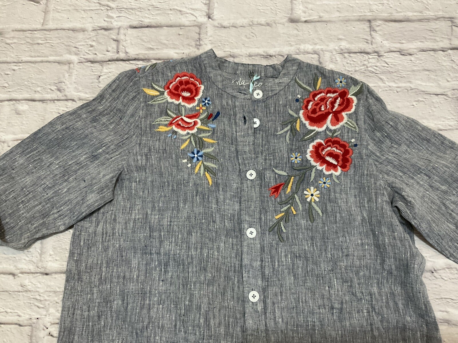 Kyla Seo Akelly Shirt Top Embroidered Caite Karyn Linen Chambray Small ...