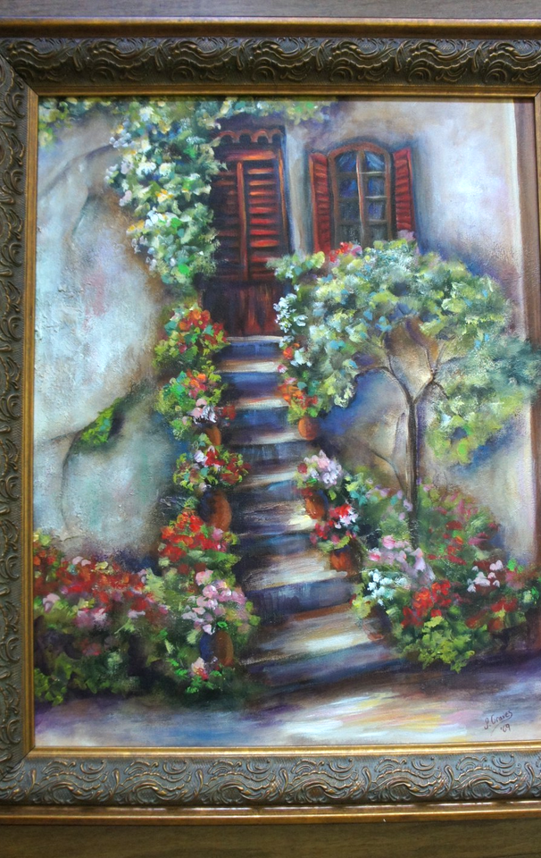 signed S. Graves Original Oil Painting Floral French Doors Steps w ...