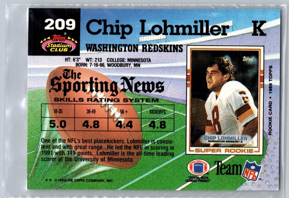 1992 TOPPS STADIUM CLUB CARD # 209 Chip Lohmiller - Washington Redskins ...