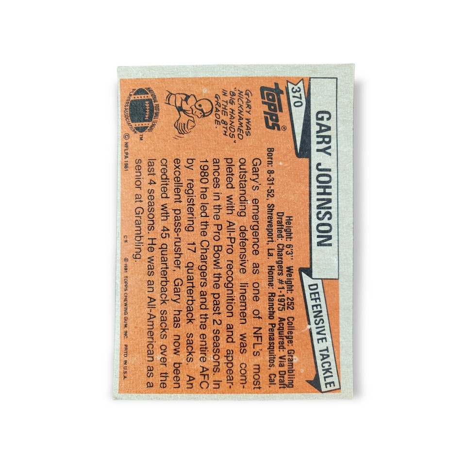 1981 Topps Football Gary Johnson #370 All-Pro San Diego Chargers ...