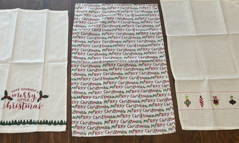 Lot of 3 Christmas Holiday Hand Towels Cotton Words Greetings ...