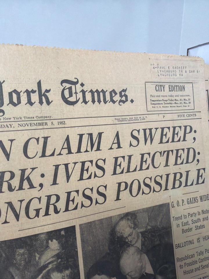 1952 New York Times Eisenhower Wins Election Vintage Newspaper Nov 5 ...