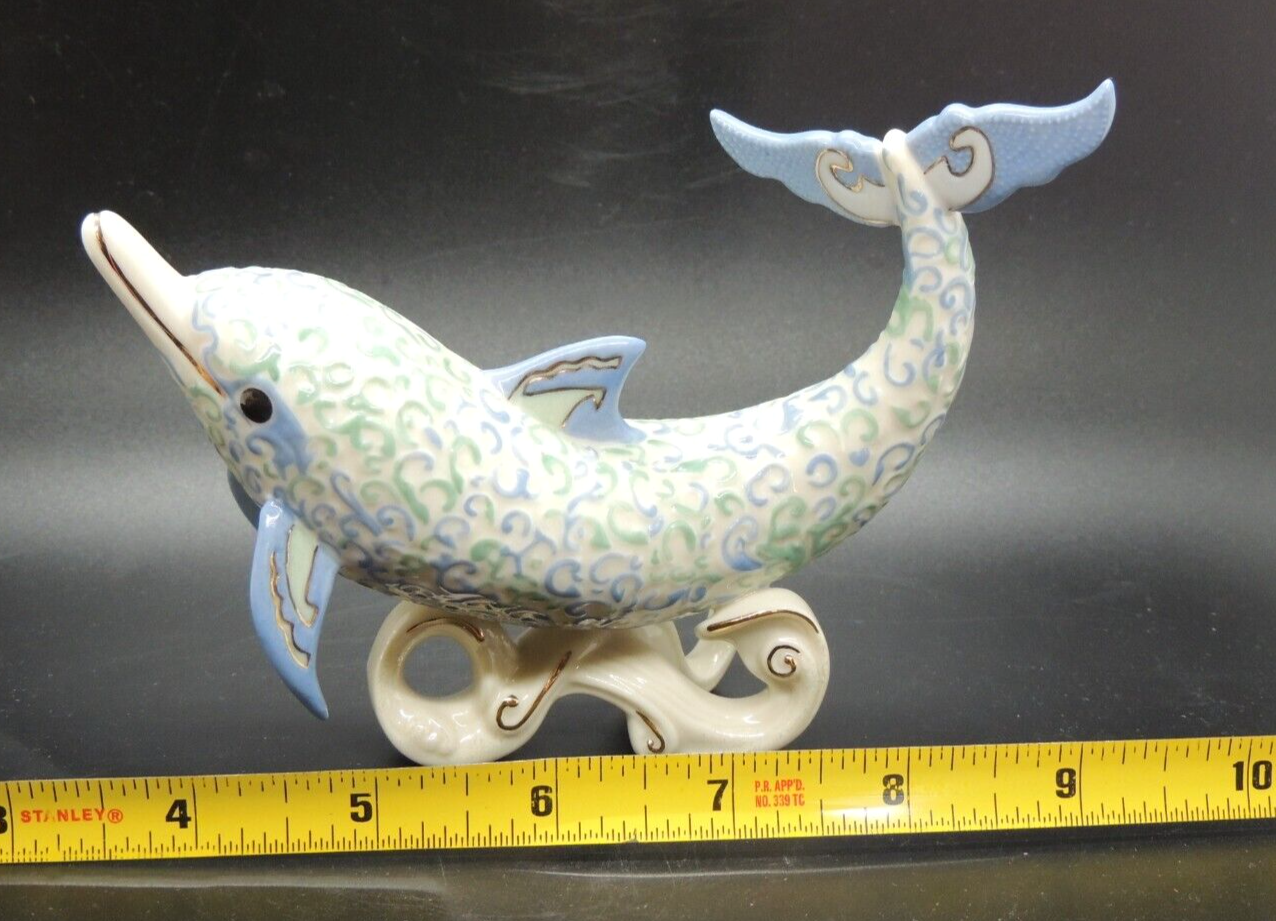 Lenox Deep Sea Dancer Dolphin Sculpture Blue Green Gold Accents Rare ...