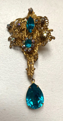 Signed Miriam Haskell Turquoise Blue Rhinestone and Gold Plated Brooch ...