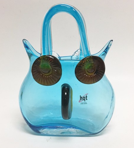 NEW HQT HOME MURANO STYLE GLASSWARE BLUE,AMBER OWL HANDBAG FLOWER VASE ...