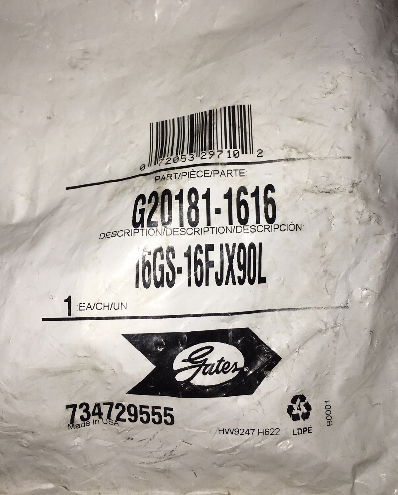 Gates G20181-1616 16GS-16FJX90L Hydraulic Hose Fitting GLOBAL SPIRAL ...