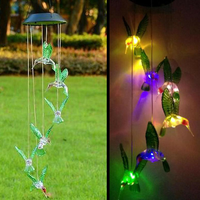 Color-Changing LED Solar Powered Hummingbird Wind Chime Lights Yard ...