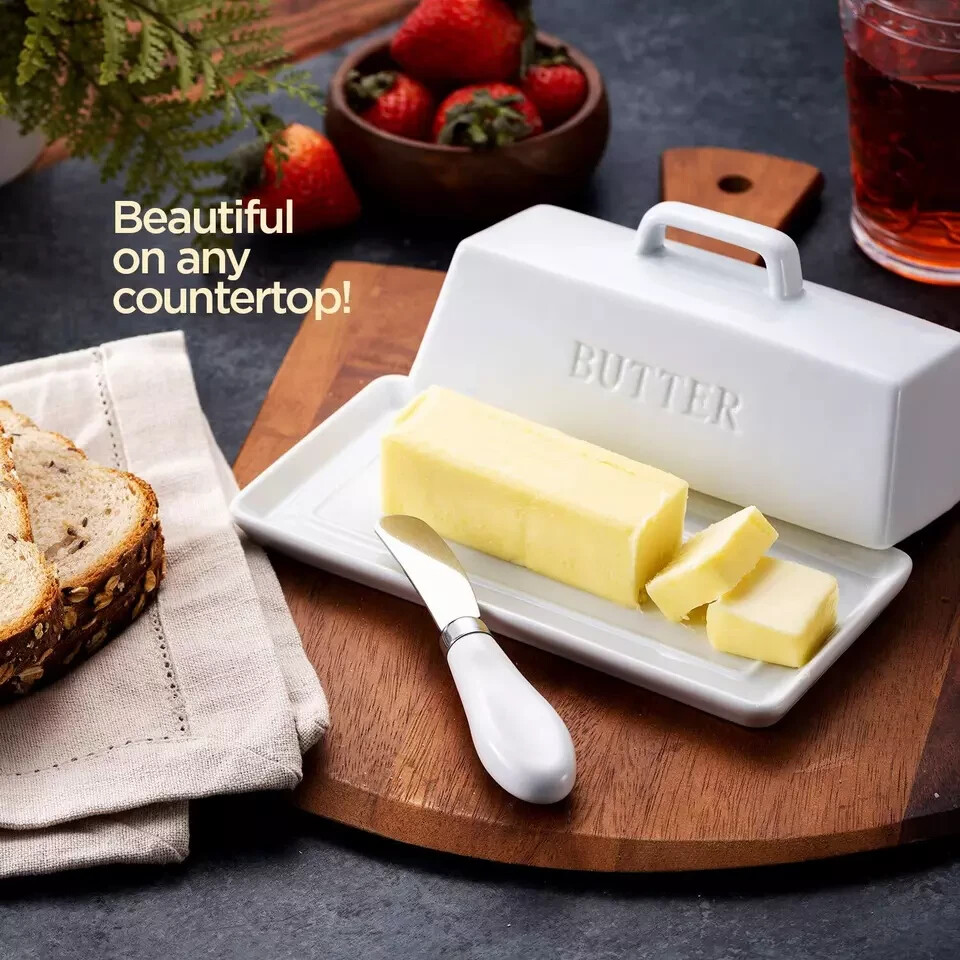 Ceramic Butter Dish Set with Lid and Knife - [White]- Decorative Butter ...