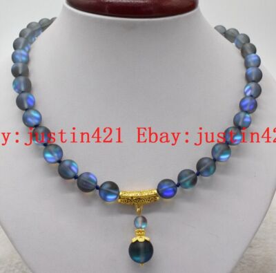 10mm Gray Gleamy Rainbow Moonstone Round Gemstone Pendant Necklace 100 ...