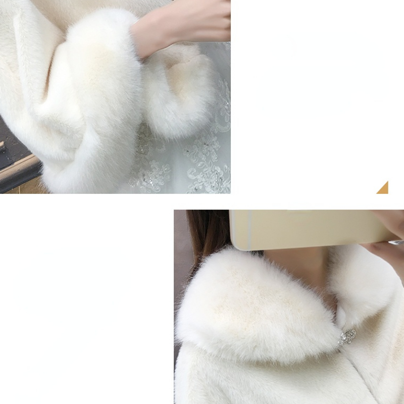 Women Faux Fur Cape Cloak Rhinestone Buckle Fluffy Winter Wedding Bride ...