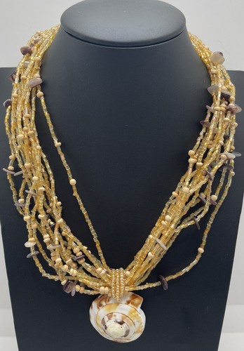 Layered Yellow & Brown Beaded Swirl Shell Pendant Necklace 18" Unmarked ...