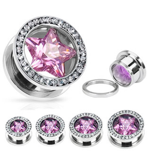 PAIR Surgical Steel Star CZ Gem Screw Fit Tunnels Ear Plugs Earlets ...