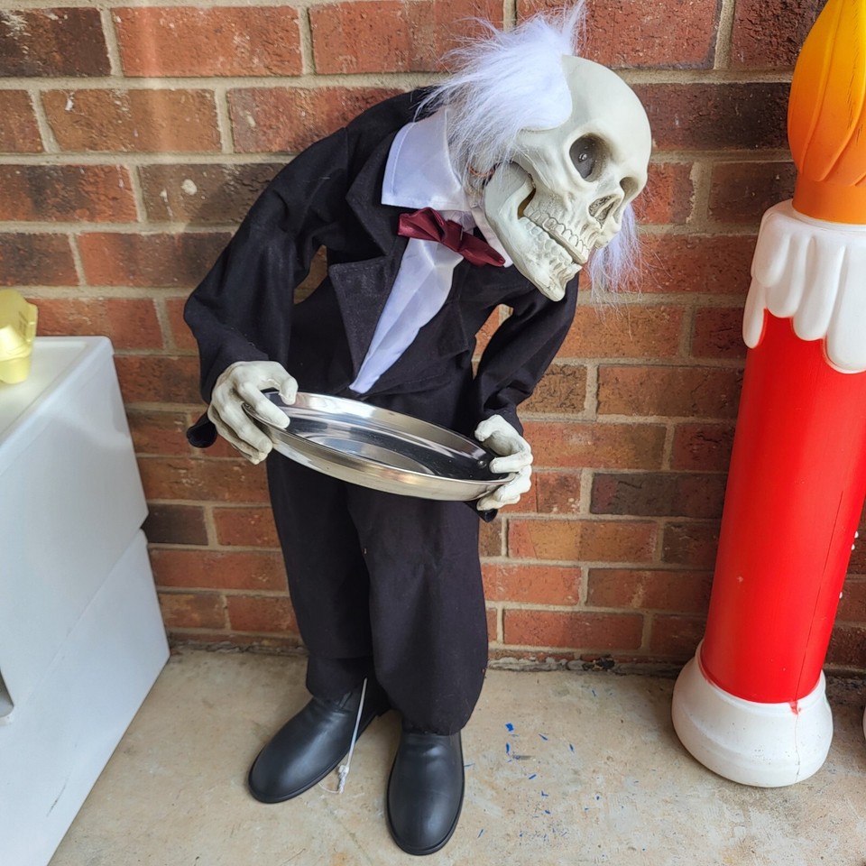 Spooky Village Animated Halloween 3' Skeleton Butler Bobble Head Candy ...