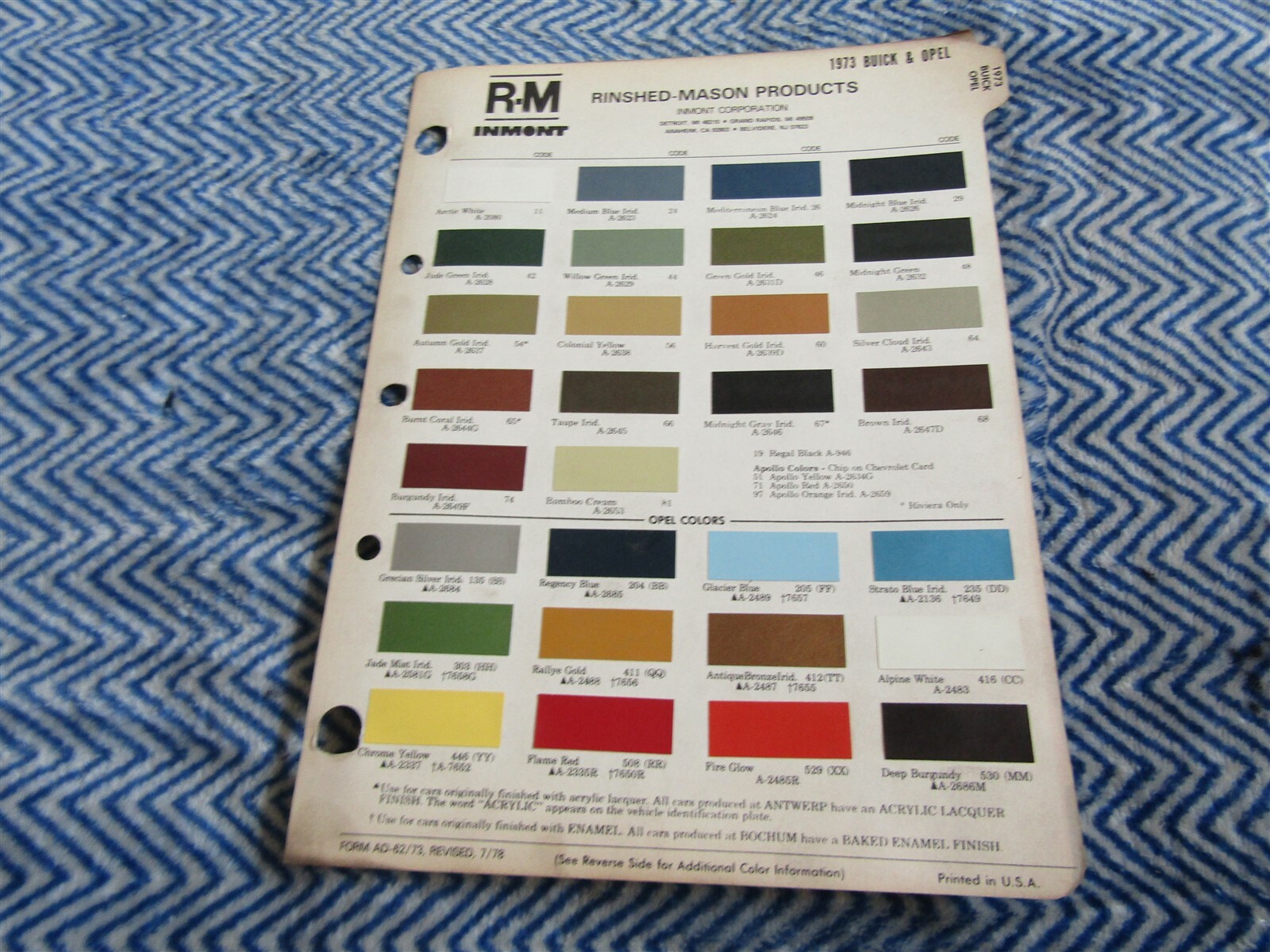 1973 BUICK REGAL RIVIERA CENTRUY LESABRE SKYLARK OPEL COLOR CHIPS CHART ...