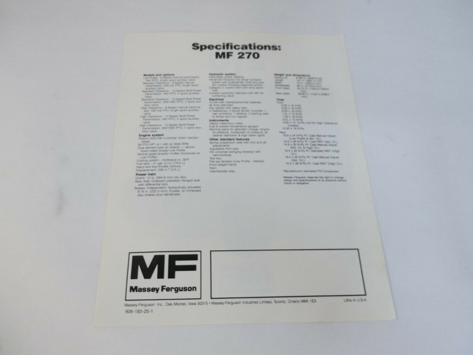 Massey Ferguson MF 270 55 PTO HP Tractor Sales Brochure | eBay