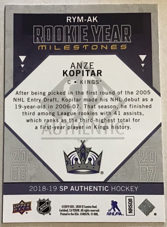 2018-19 ANZE KOPITAR UD SP AUTHENTIC ROOKIE YEAR MILESTONES #RYM-AK ...