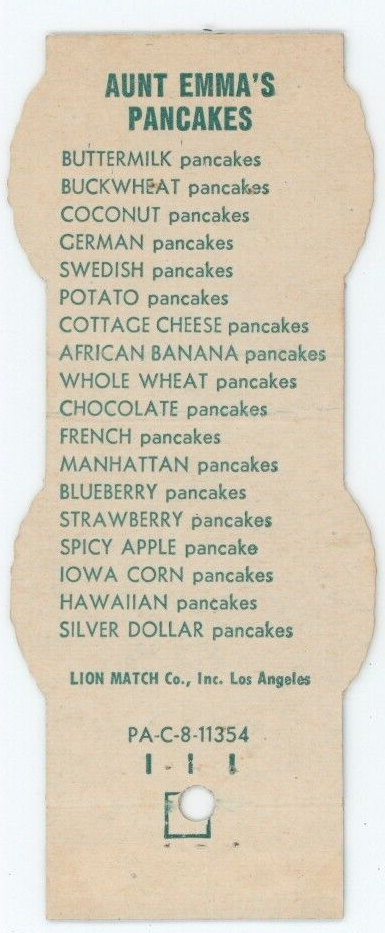 Aunt Emma's Pancakes San Diego CA Restaraunt Matchbook Cover | eBay
