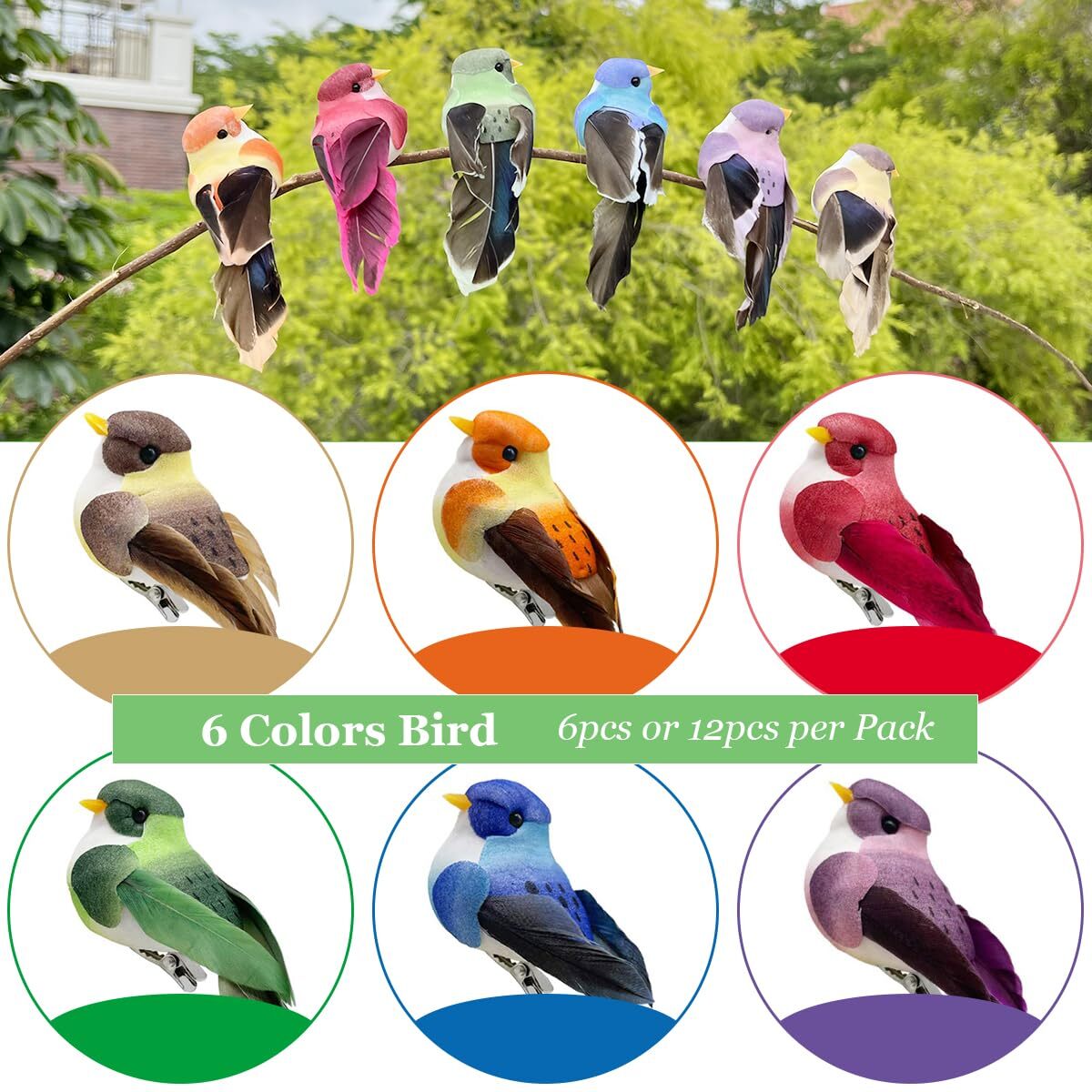 12pcs Clip on Artificial Birds for Decoration, 3.5-Inch Colorful Foam ...