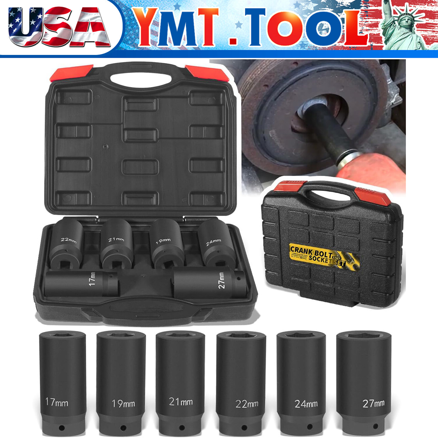 6 Pack 1/2’’ Drive Crank Bolt Socket Set, 17MM, 19MM, 21MM, 22MM, 24MM ...