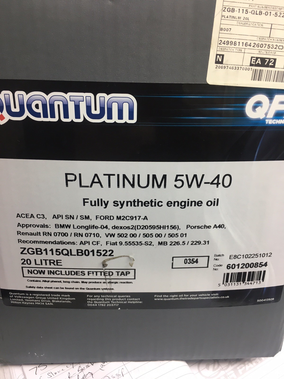 Quantum PLATINUM 5w-40 PD C3 Oil 20 Litre DEXOS 2 BMW LL-04 Cube 20L ...