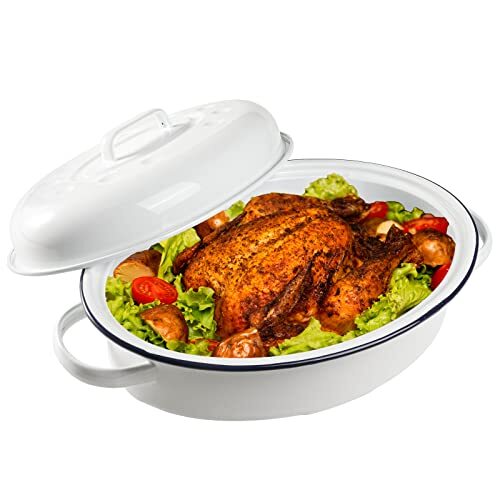 Enameled Roasting Pan With Lid Covered Roaster Pan Oval Pot Enamelware ...