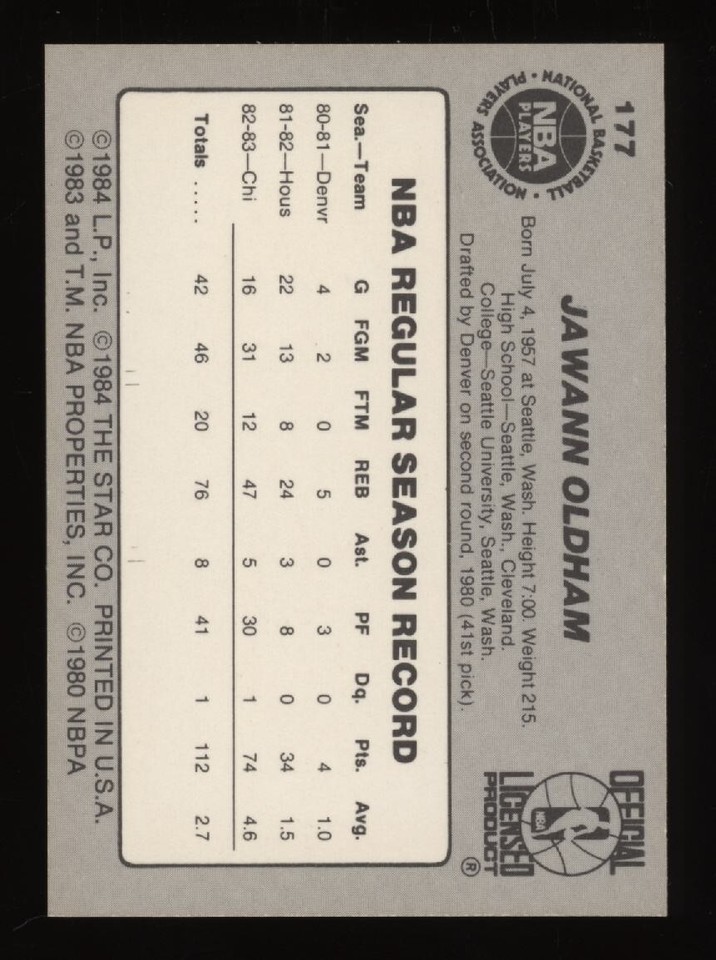 1983-84 Jawann Oldham STAR Basketball #177 *NICE* Chicago Bulls Invest ...
