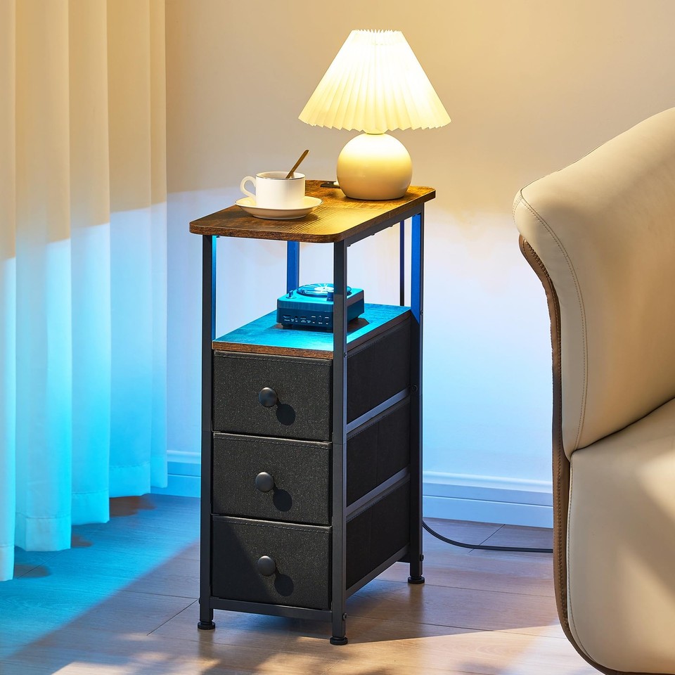 Narrow End Table with Charging Station, Narrow Side Table with Drawer ...