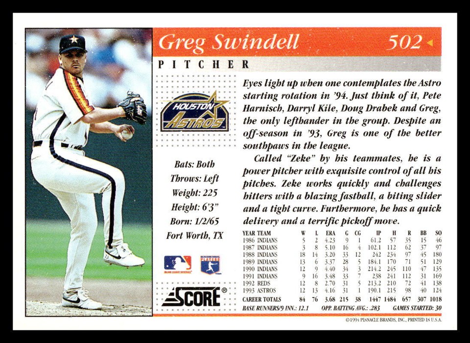 1994 Score 502 Greg Swindell Houston Astros Baseball Card | eBay