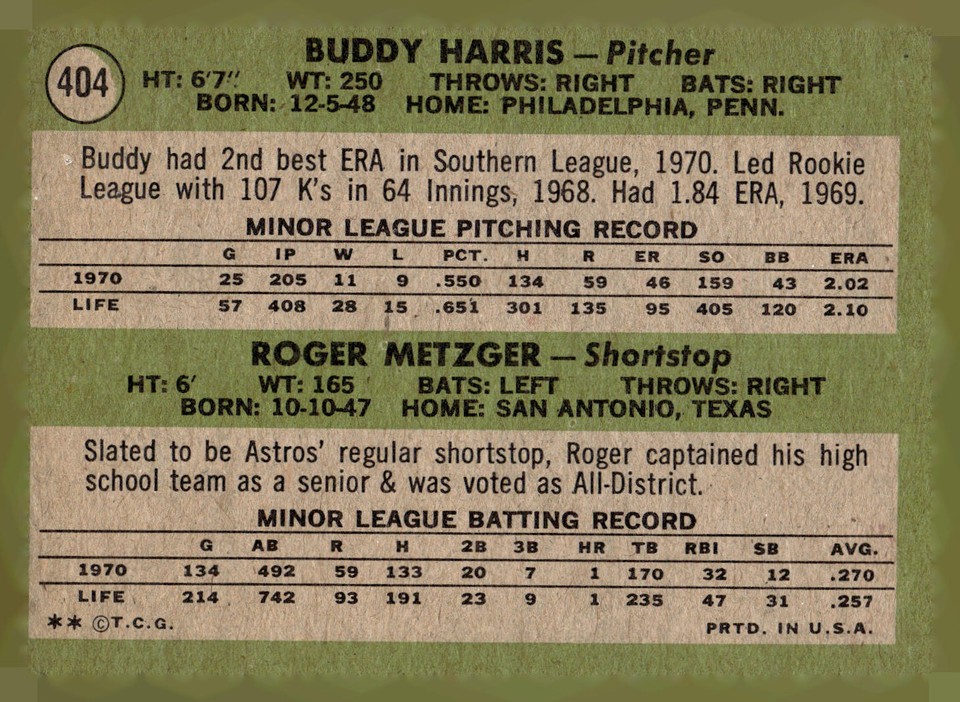 1971 Topps - #404 Astros Rookies - Buddy Harris / Roger Metzger RS, RC ...