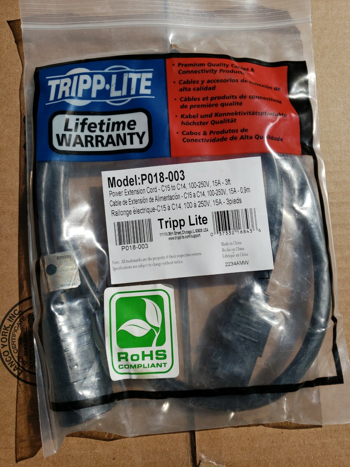 Tripp Lite P018-003 Power Extension Cord 3 ft | eBay