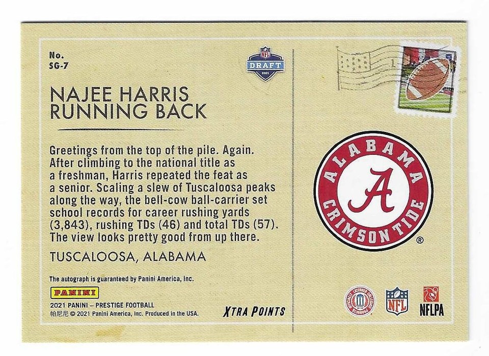 Najee Harris 2021 PRESTIGE NFL ROOKIE AUTOGRAPH CARD Alabama Steelers ...