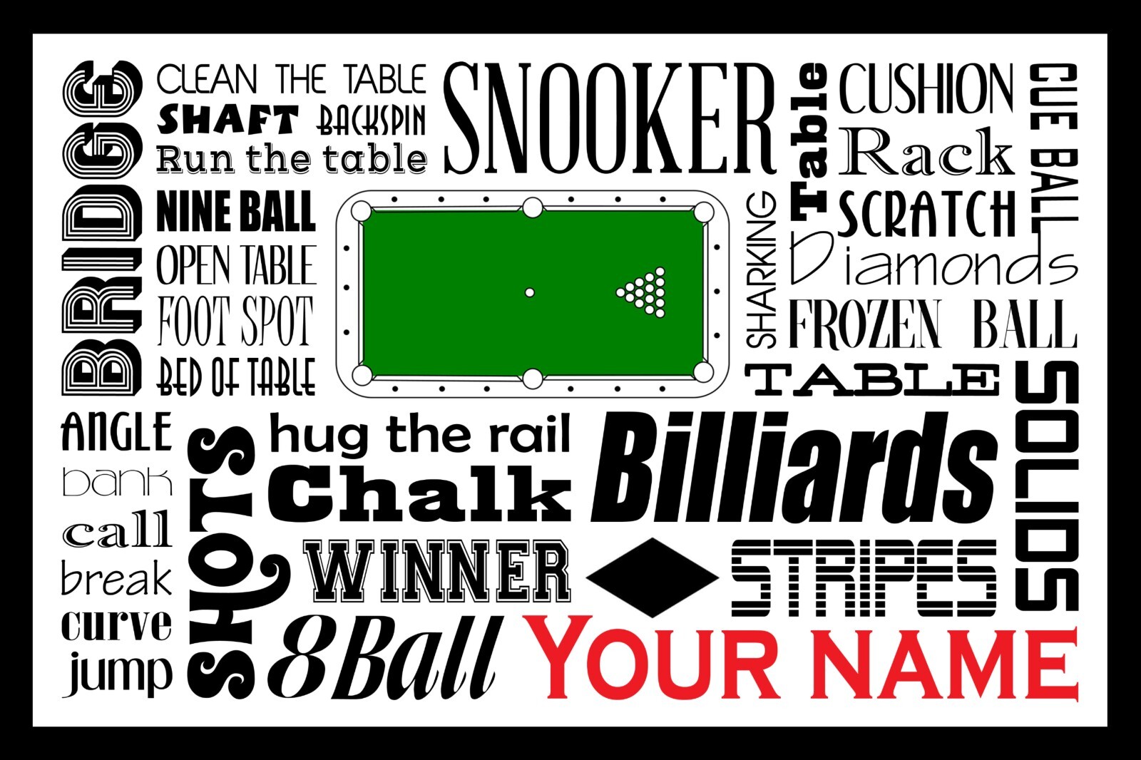CUSTOM PERSONALIZED WORD ART BILLIARD POOL TABLE POSTER - FRAMED | eBay