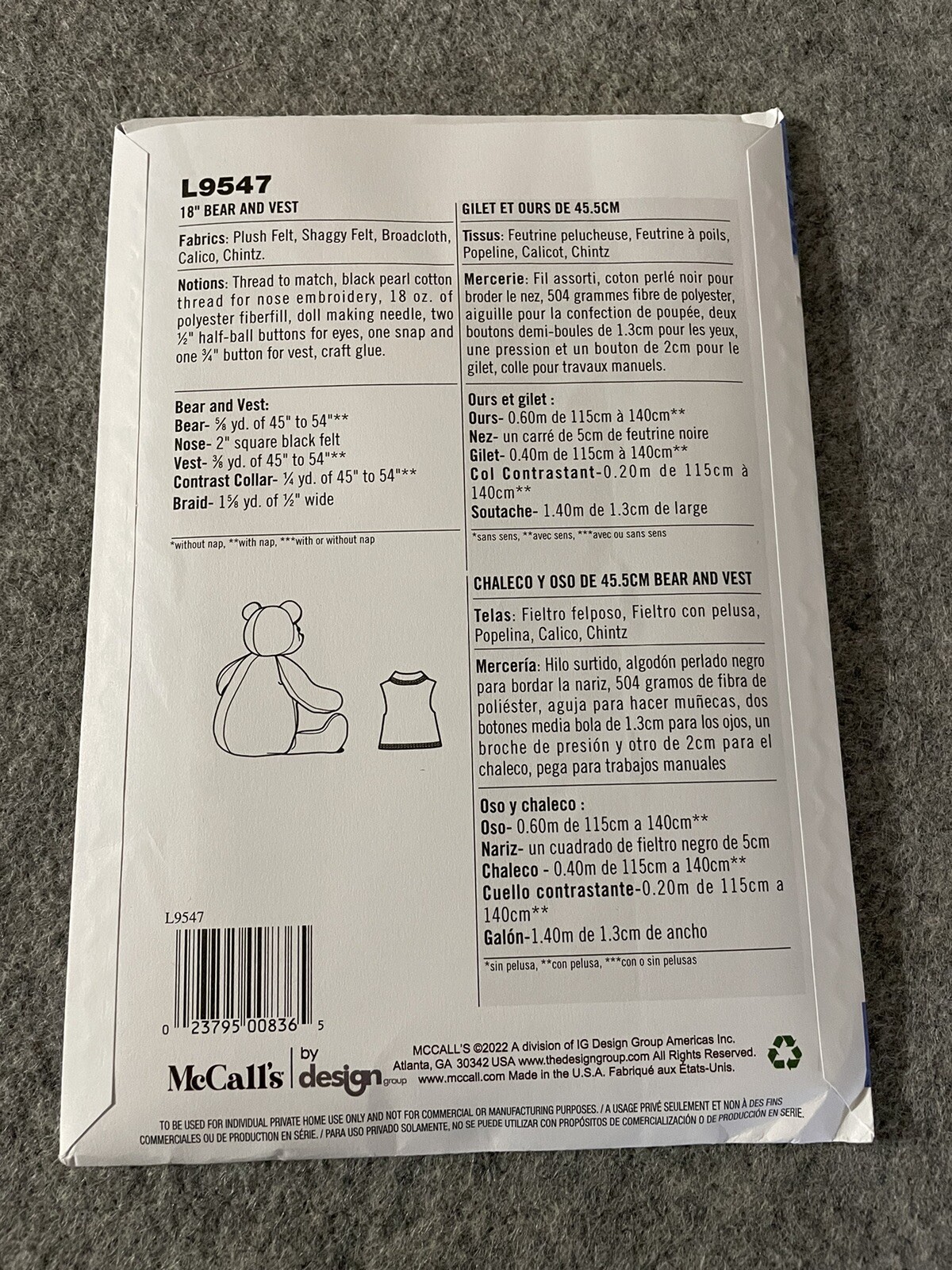 McCall L9547 It's Sew Simple Memory Bear Sewing Pattern for sale online ...