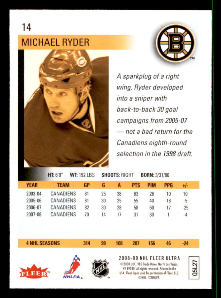 2008-09 Ultra Gold Medallion #14 Michael Ryder Boston Bruins | eBay