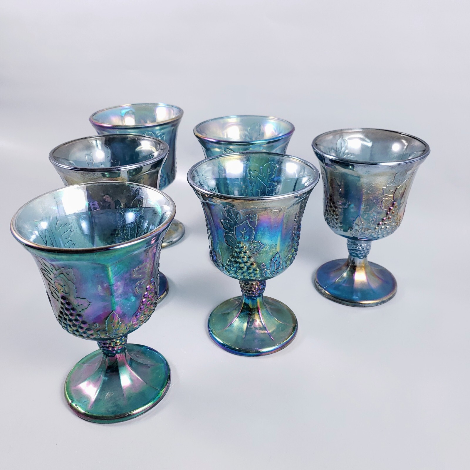 Vintage INDIANA Blue Carnival Glass Harvest Grape Water Goblet Cup Set ...