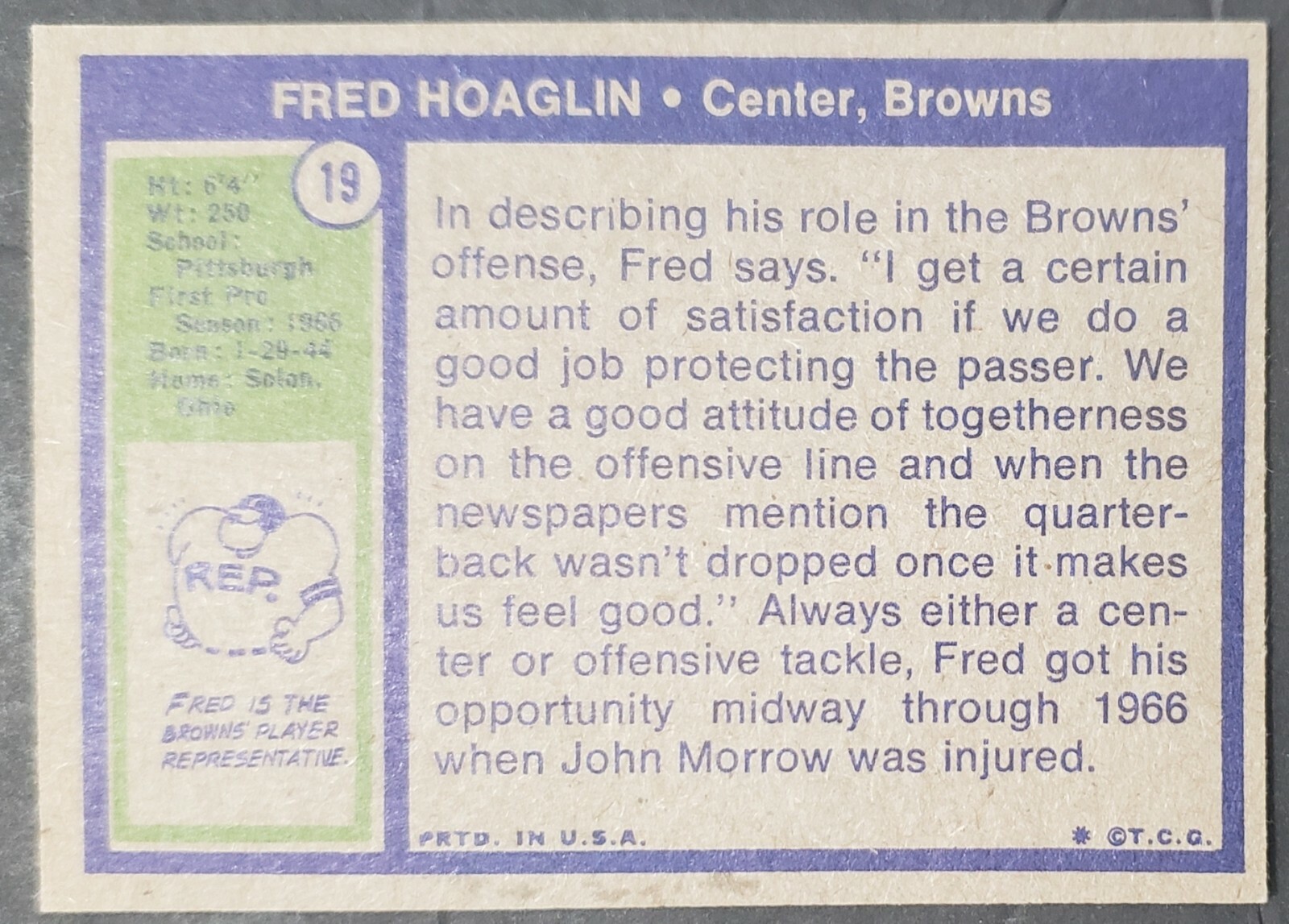 1972 TOPPS NFL FOOTBALL FRED HOAGLIN #19 CENTER CLEVELAND BROWNS NM/MT ...