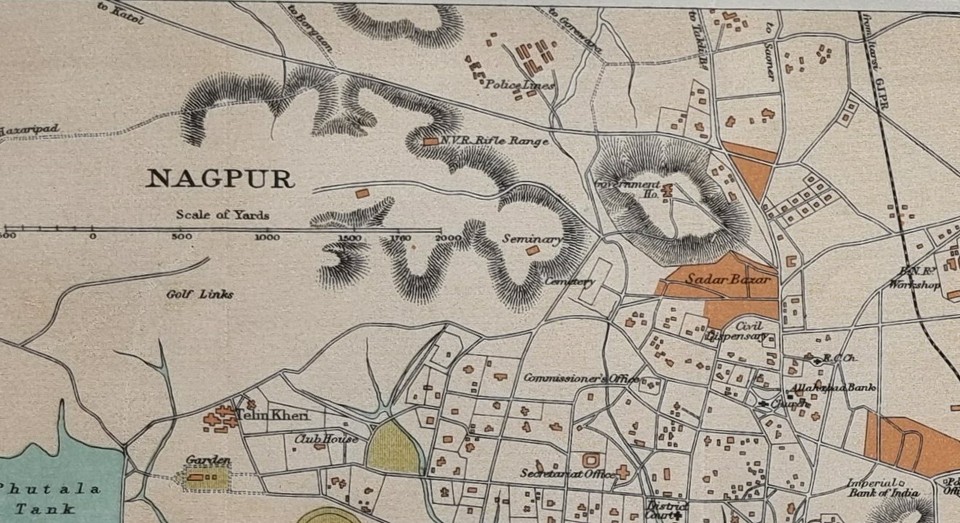 1933 INDIA TOURIST MAP NAGPUR SADAR BAZAR HILL FORT SITABALDI MAHARAJR ...