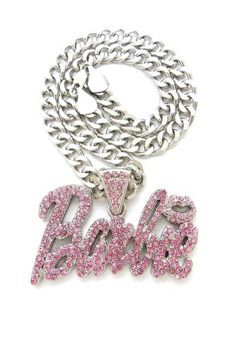 Women Gold Plated Pink Barbie Iced Cubic Zirconia Charm & Cuban Chain ...