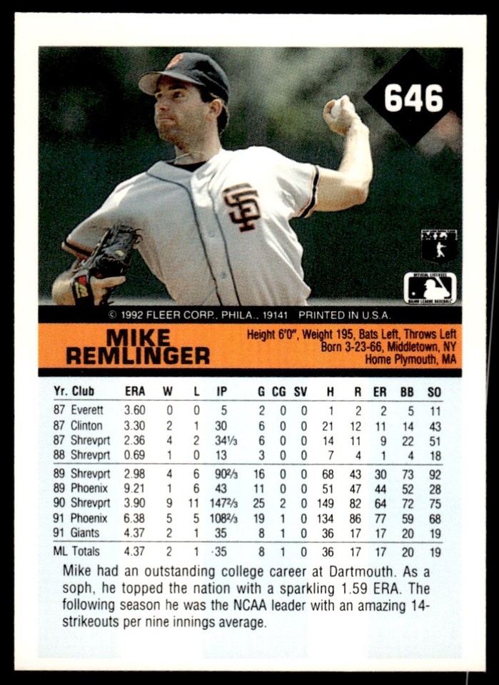 1992 Fleer Baseball Card Mike Remlinger San Francisco Giants #646 | eBay