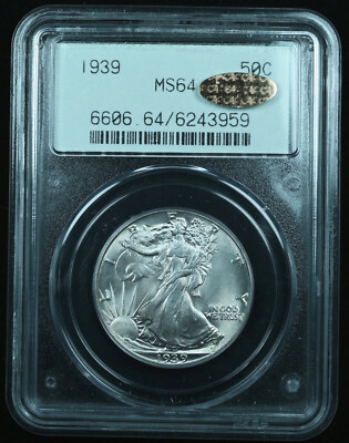 1939 WALKING LIBERTY HALF DOLLAR PCGS MS64 OGH, WITH GOLD CAC STICKER ...