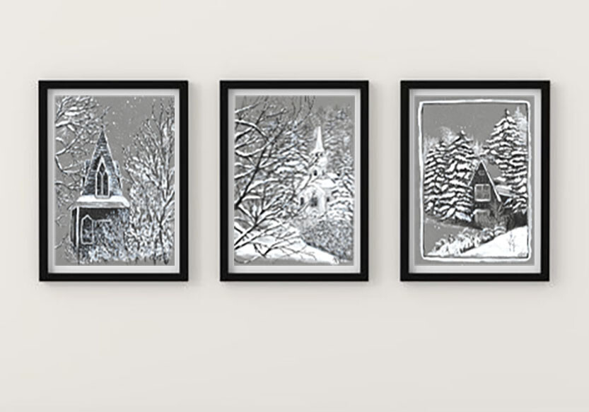 Set of 3 A4 ORIGINAL Ink Drawings Winter Landscape Chapel House Snow ...
