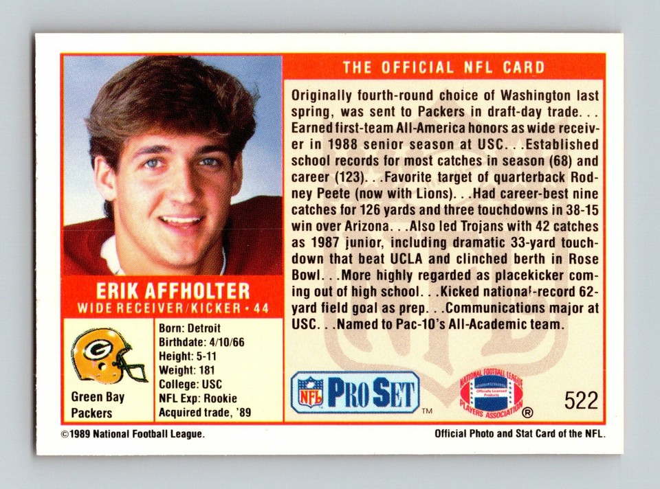 1989 Pro Set Football Card #522 Erik Affholter Green Bay Packers Rookie ...