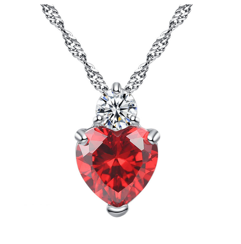 Sterling Silver Red CZ Heart Crystal Pendant Necklace w Chain Gift Box ...