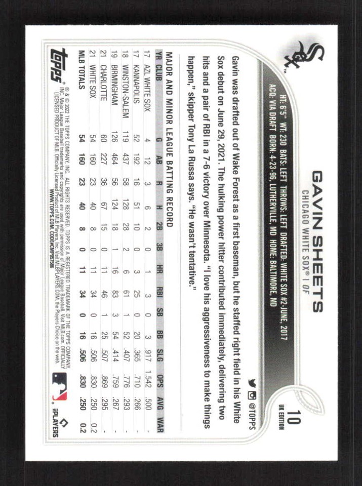 Gavin Sheets RC 2022 Topps UK Edition Chicago White Sox #10 | eBay