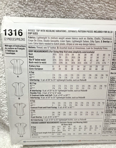 Simplicity Sewing Pattern 1316 Misses Women Top H5 6-14 Uncut for sale ...